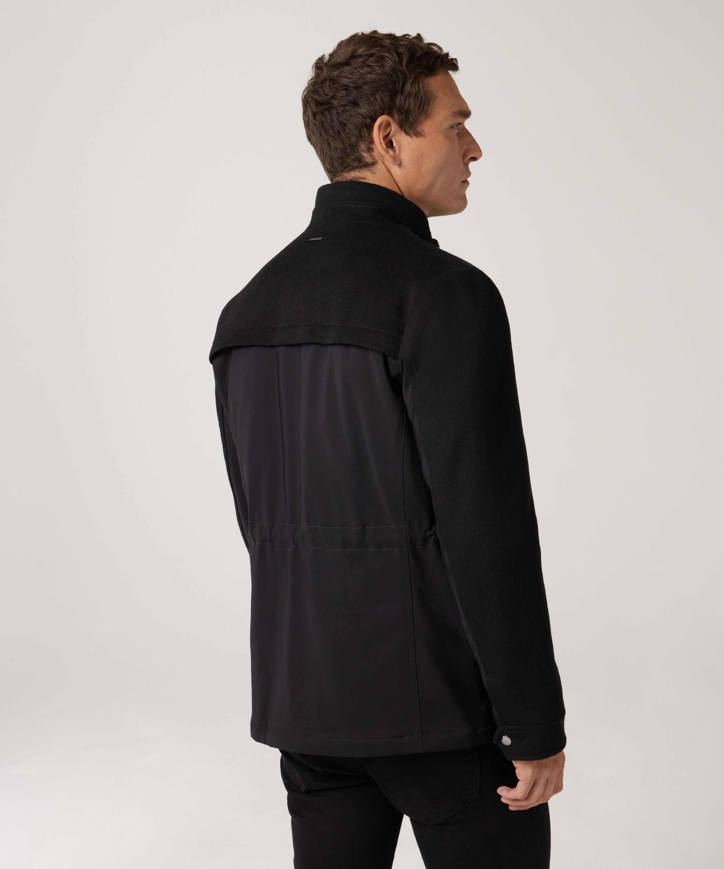 Funnel Neck Contrast Wool Blend And Tech Fabric Coat - Black - Funnel ...