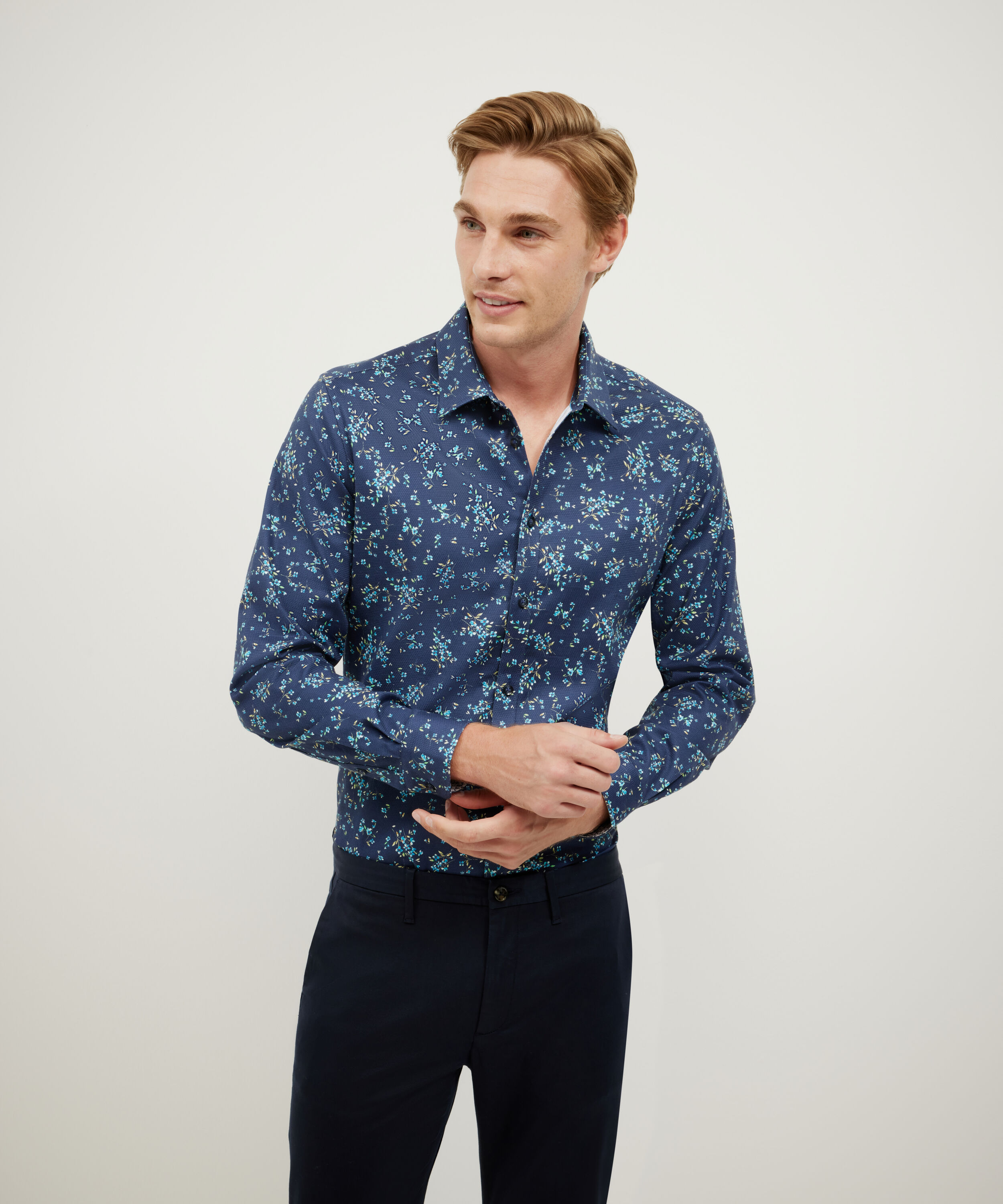 dark blue pattern shirt