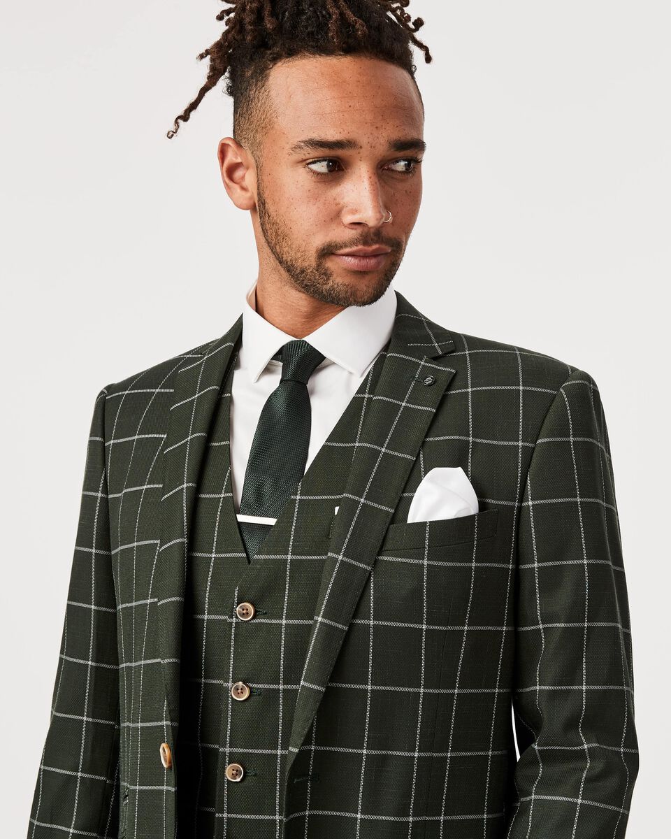 Slim Stretch Window Pane Check Tailored Blazer - Dark Green Windowpane ...
